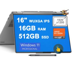 lenovo yoga 7 2-in-1 laptop 16" wuxga ips touchscreen amd 8-core ryzen 7 7735u >i7-1255u 16gb ddr5 512gb ssd radeon 680m graphic fingerprint backlit usb-c with pen win11pro silver + hdmi cable