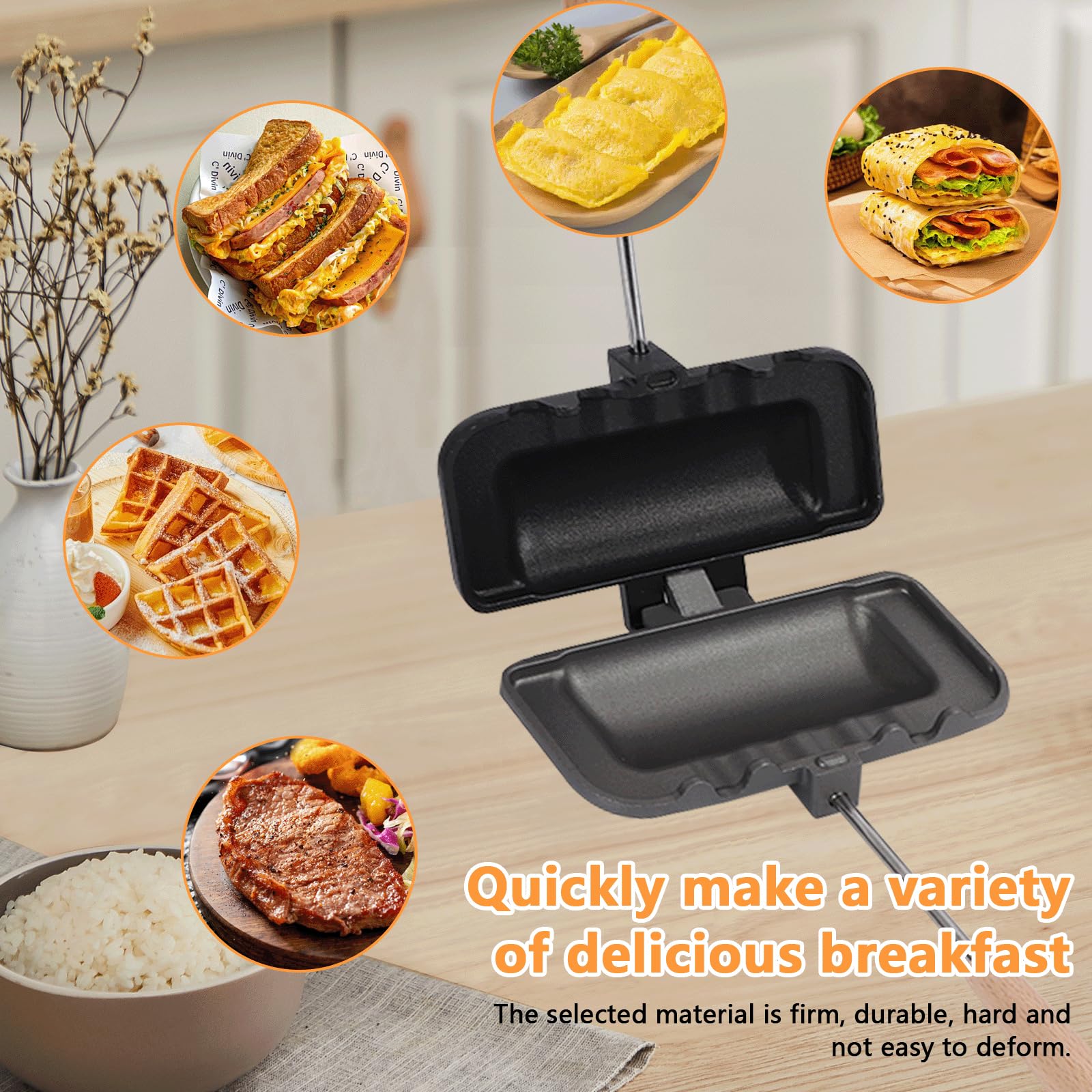 4w1h Sandwich Maker, Double-Sided Sandwich Baking Pan with Removable Handle, Non Stick Breakfast Sandwich Maker Grill Pan for Breakfast Pancakes, Omelets, Frittatas, Bread and Toast