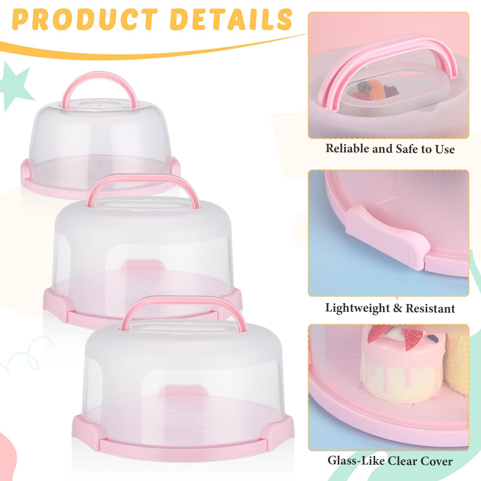 Baderke 3 Pcs Cake Carrier with Lid 9.8 Inch 10.8 Inch 12 Inch Cake Stand with Lid and Handle Portable Round Cake Carrier Plastic Cake Container Cake Holder Pink Cake Keeper for Transporting Cupcakes