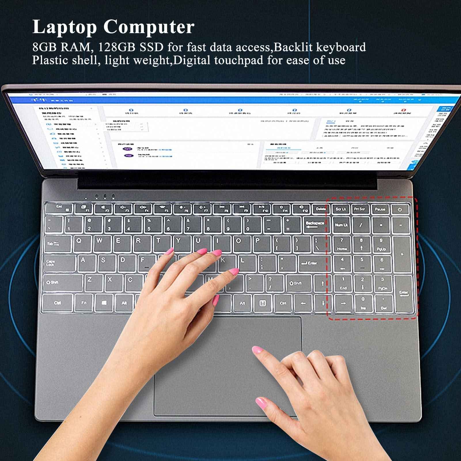 15.6in Laptop 8G RAM 128GB SSD Quad Core IPS HD Screen 1920x1080 WiFi Backlit Keyboard Lightweight Silver Laptops for Win 11, 6000mAh (US Plug)