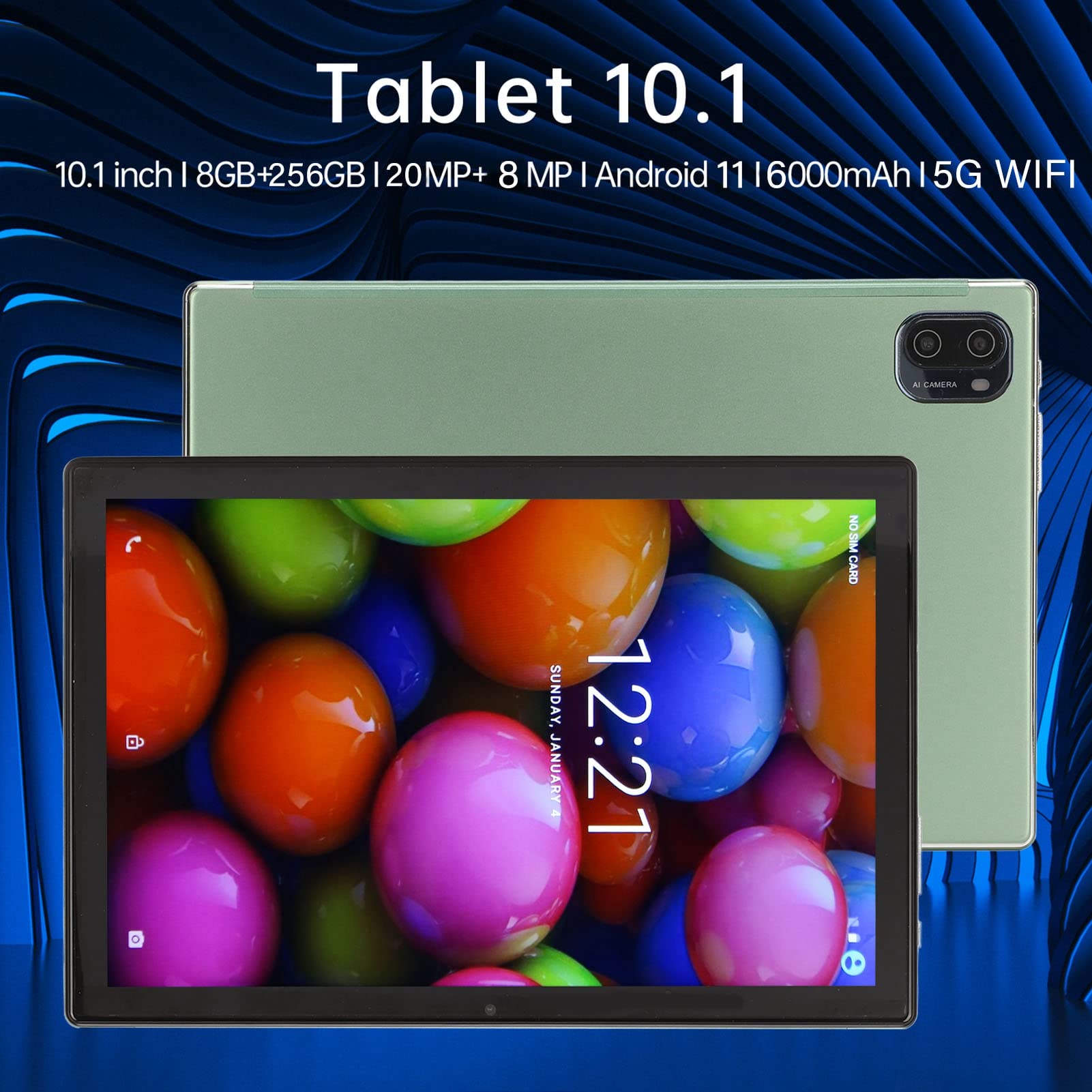 10.1in Tablet for Android11,Green,2.4G 5G WiFi 8GB RAM 256GB ROM 1960x1080IPS 8MP 20MP Camera 8 Cores CPU 6000mAh Rechargeable Tablet for Kid & Adults. (US Plug 100V to 240V)