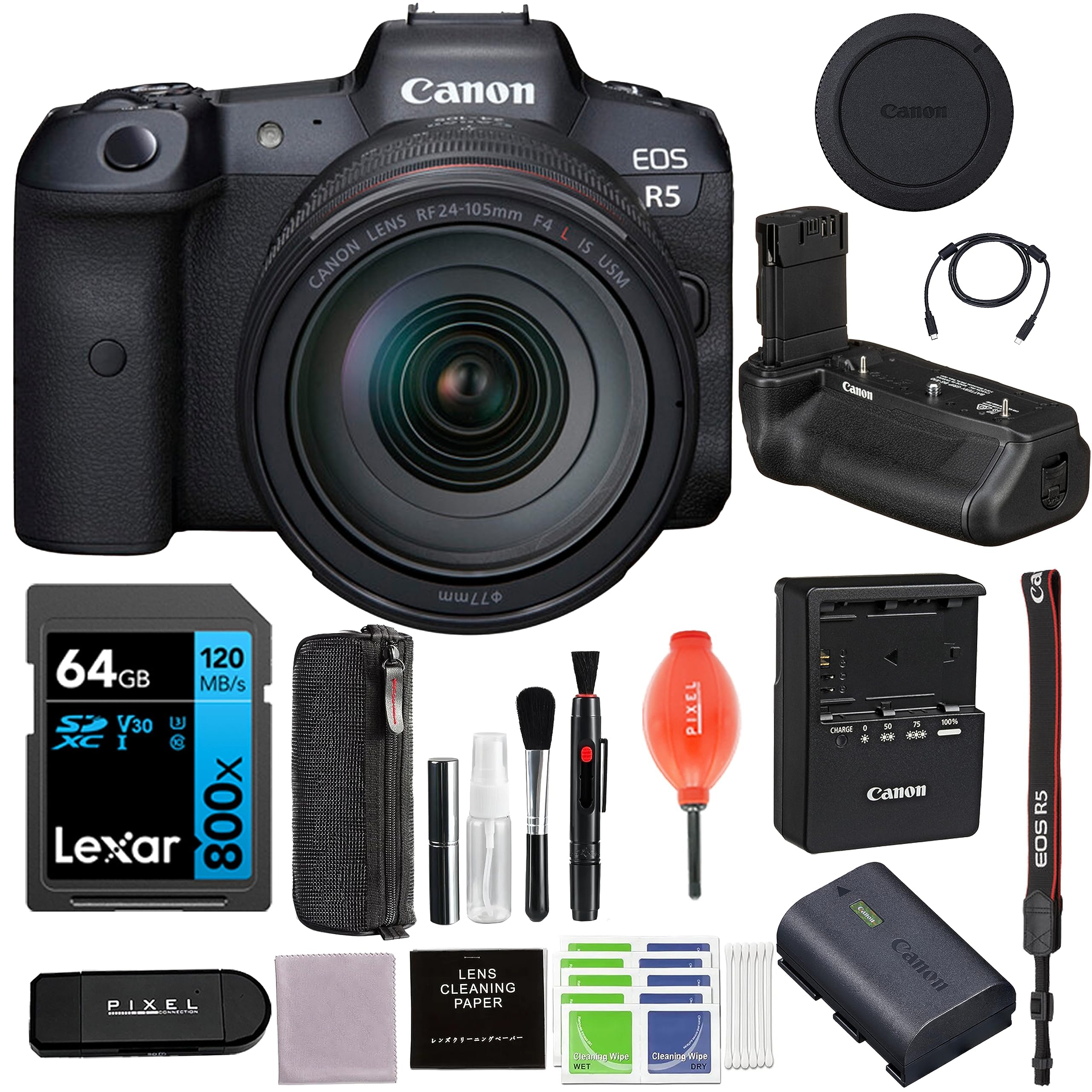 Canon EOS R5 Mirrorless Digital Camera with 24-105mm Lens Bundle Kit with BG-R10 Battery Grip and Advanced Accessories | (4147C013 + 4365C001) | Canon eos r5