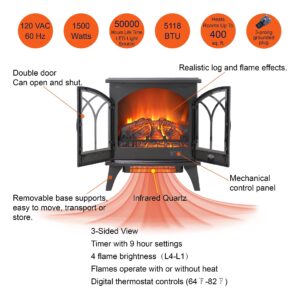 SPRIKIR 24 INCH 3D Flame Electric Fireplace Heater with Remote Control，Flames Operate with or Without heatDigital, 9 Hour 4 Color Flame to Adjustable