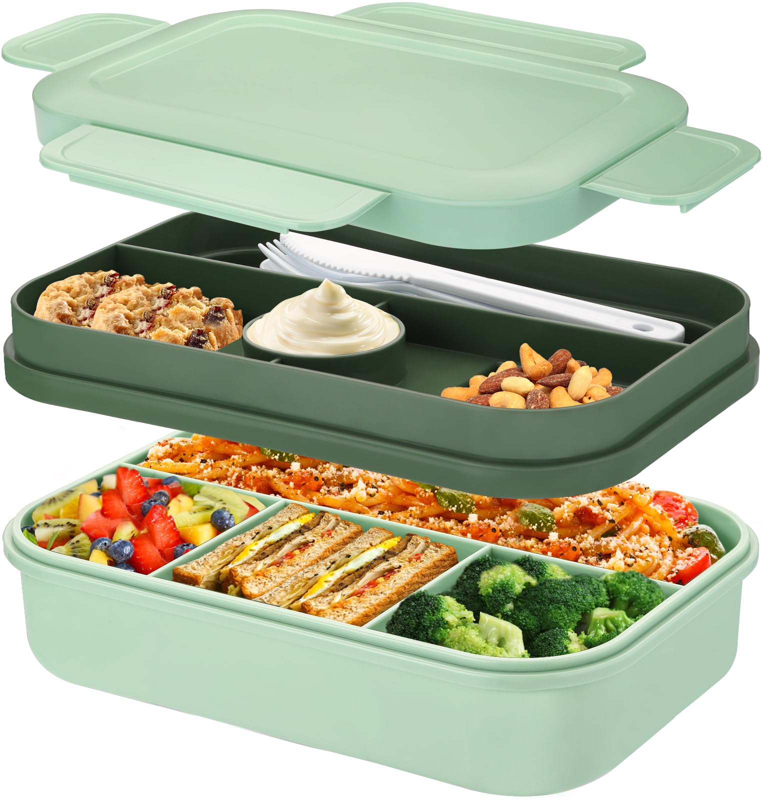 Bento Box Lunch Boxes,68oz Bento Lunch Box for Adults Kids,Stackable Japanese Lunchbox with 8 Compartments,Leak Proof Meal Prep Container Box with Cutlery Set,Microwave Dishwasher Safe (Green)