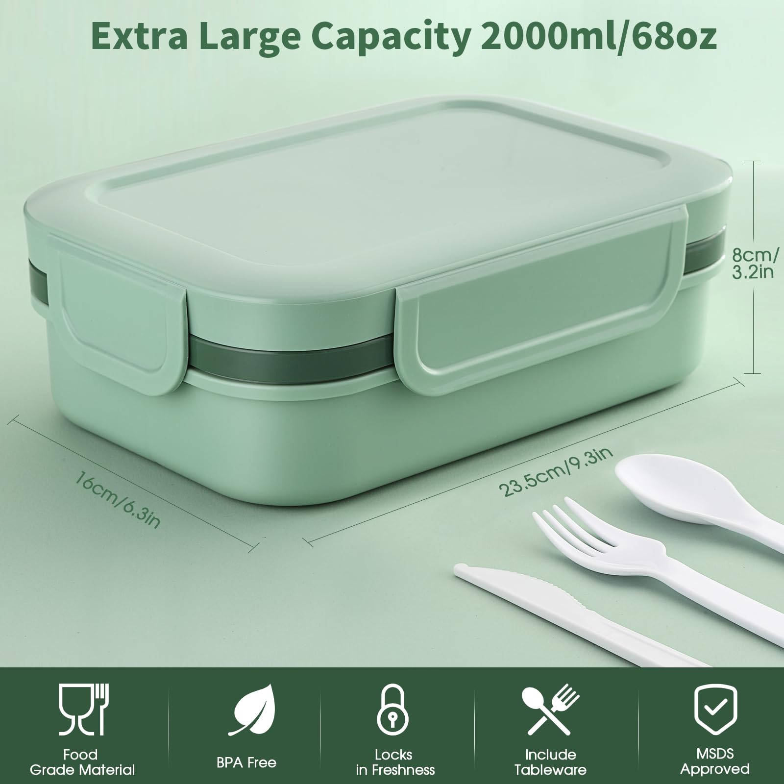 Bento Box Lunch Boxes,68oz Bento Lunch Box for Adults Kids,Stackable Japanese Lunchbox with 8 Compartments,Leak Proof Meal Prep Container Box with Cutlery Set,Microwave Dishwasher Safe (Green)