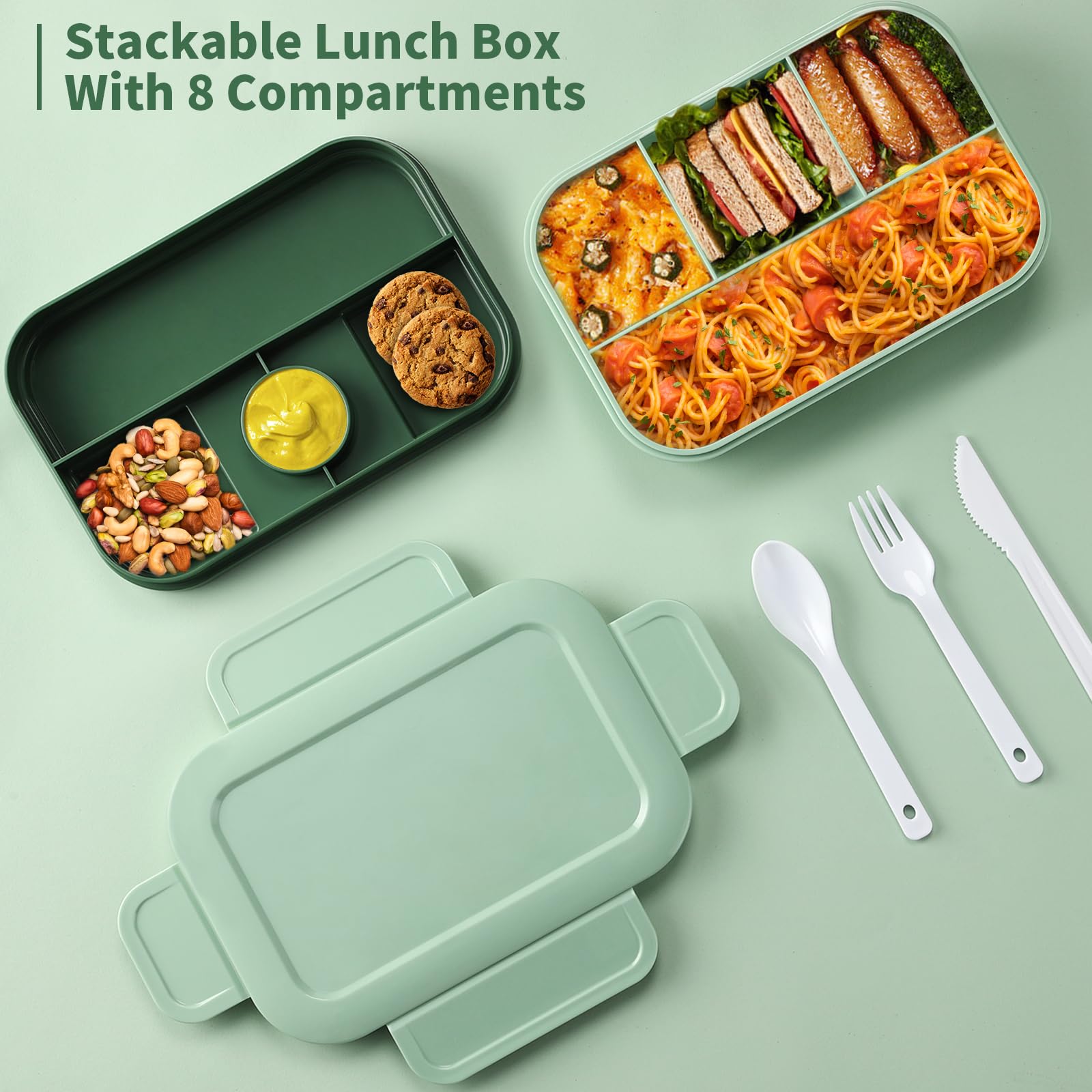 Bento Box Lunch Boxes,68oz Bento Lunch Box for Adults Kids,Stackable Japanese Lunchbox with 8 Compartments,Leak Proof Meal Prep Container Box with Cutlery Set,Microwave Dishwasher Safe (Green)