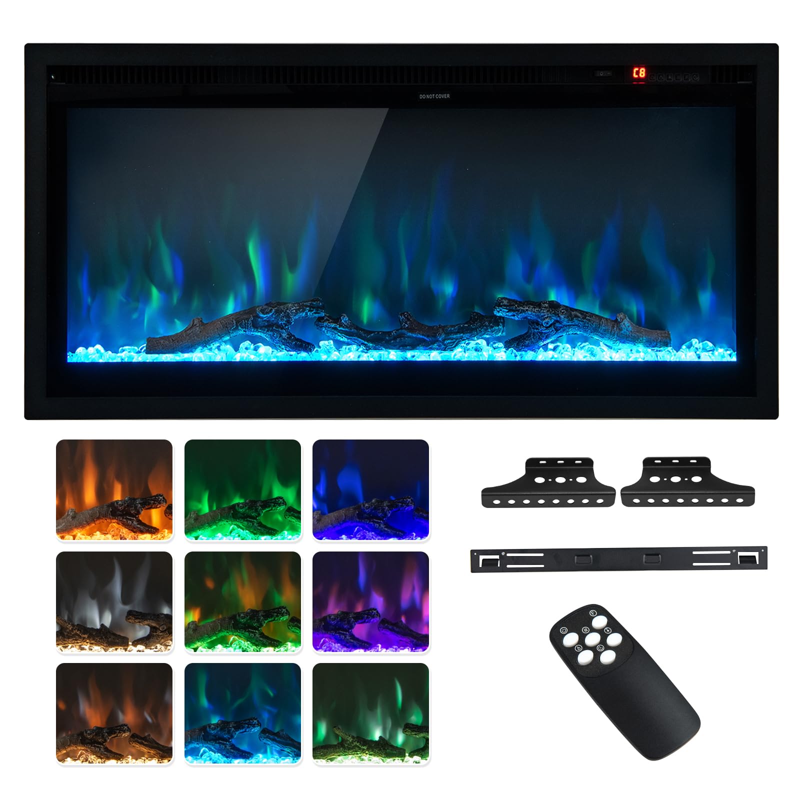 COSTWAY Electric Fireplace 36-Inch Wide, 9 Flame Color, 5-Level Brightness, 8H Timer, Thermostat, Wall-Mounted Freestanding and Recessed Linear Fireplace Heater with Crystal Decor and Log, 750W/1500W