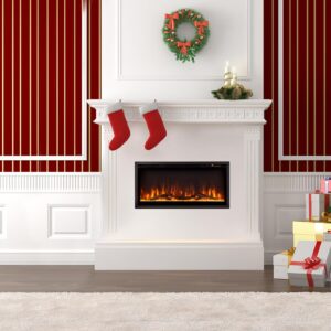 COSTWAY Electric Fireplace 36-Inch Wide, 9 Flame Color, 5-Level Brightness, 8H Timer, Thermostat, Wall-Mounted Freestanding and Recessed Linear Fireplace Heater with Crystal Decor and Log, 750W/1500W