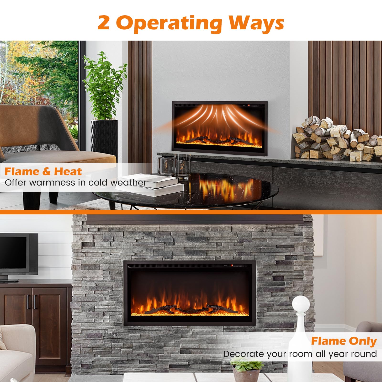 COSTWAY Electric Fireplace 36-Inch Wide, 9 Flame Color, 5-Level Brightness, 8H Timer, Thermostat, Wall-Mounted Freestanding and Recessed Linear Fireplace Heater with Crystal Decor and Log, 750W/1500W