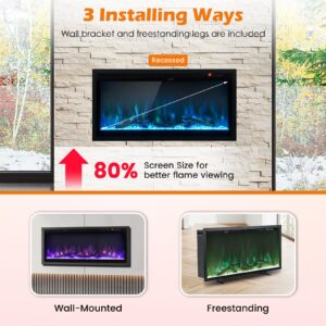 COSTWAY Electric Fireplace 36-Inch Wide, 9 Flame Color, 5-Level Brightness, 8H Timer, Thermostat, Wall-Mounted Freestanding and Recessed Linear Fireplace Heater with Crystal Decor and Log, 750W/1500W