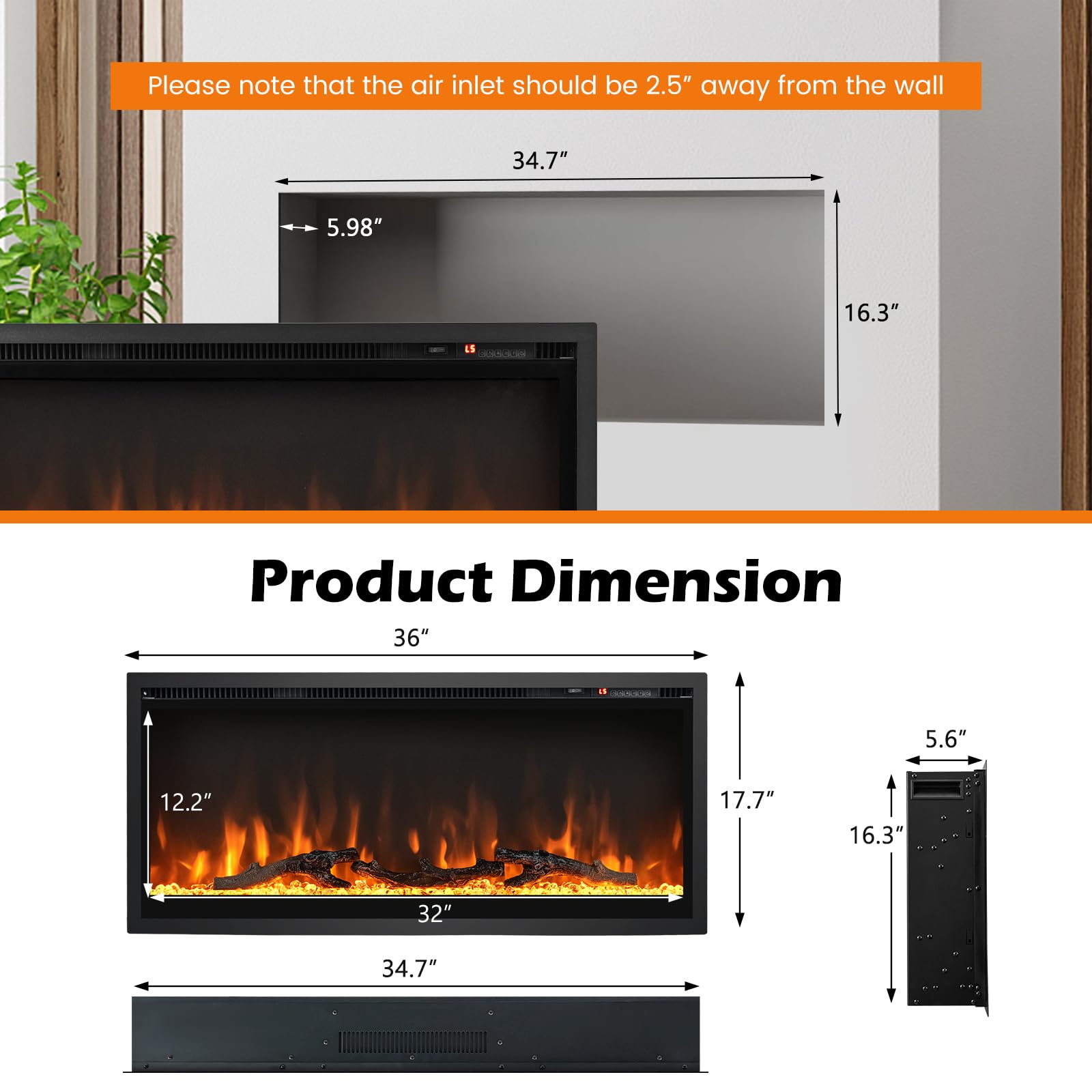 COSTWAY Electric Fireplace 36-Inch Wide, 9 Flame Color, 5-Level Brightness, 8H Timer, Thermostat, Wall-Mounted Freestanding and Recessed Linear Fireplace Heater with Crystal Decor and Log, 750W/1500W