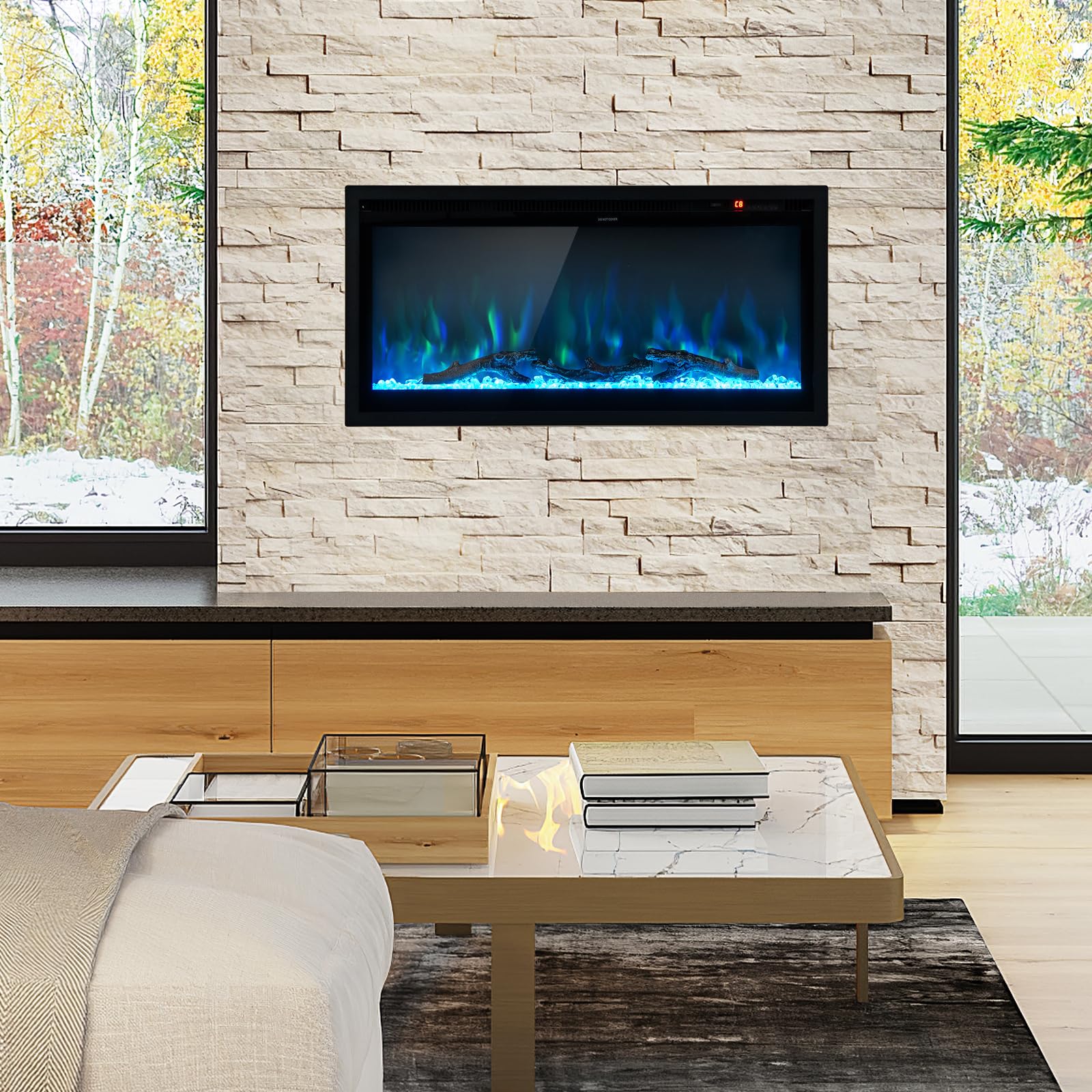 COSTWAY Electric Fireplace 36-Inch Wide, 9 Flame Color, 5-Level Brightness, 8H Timer, Thermostat, Wall-Mounted Freestanding and Recessed Linear Fireplace Heater with Crystal Decor and Log, 750W/1500W