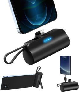 abnoys power-bank-portable-charger - 8000mah ultra compact portable phone charger 5v3a output battery pack built-in type-c cable and cell phone holder compatible with iphone and samsung, etc. (black)