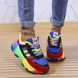 2023 New Orthopedic Shoes Rainbow Sneakers - Slip On Air Cushion Walking Shoes with Arch Support, Lace Up Breathable Platform Walking Shoes, Women Non-Slip Stretch Casual Sneakers (7.5, Blue)