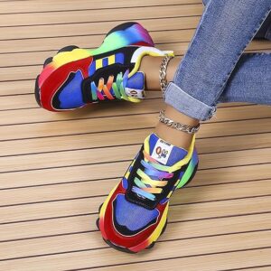 2023 New Orthopedic Shoes Rainbow Sneakers - Slip On Air Cushion Walking Shoes with Arch Support, Lace Up Breathable Platform Walking Shoes, Women Non-Slip Stretch Casual Sneakers (7.5, Blue)