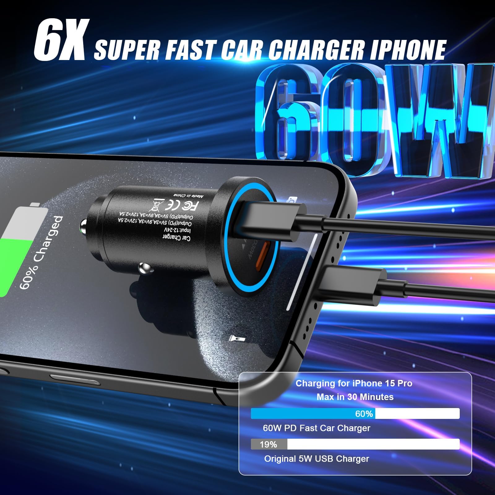 [MFi Certified] iPhone 15 Car Charger Fast Charging, All Metal 60W Dual USB C Car Charger Cigarette Lighter with 2 Pack USB C Car Charger Cord for iPhone 15/15 Pro/15 Pro Max/15 Plus/iPad Pro