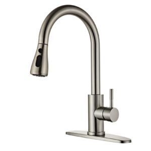 louevido kitchen faucet with pull down sprayer brushed nickel, high arc single handle sink deck plate, commercial modern rv stainless steel faucets, grifos de cocina