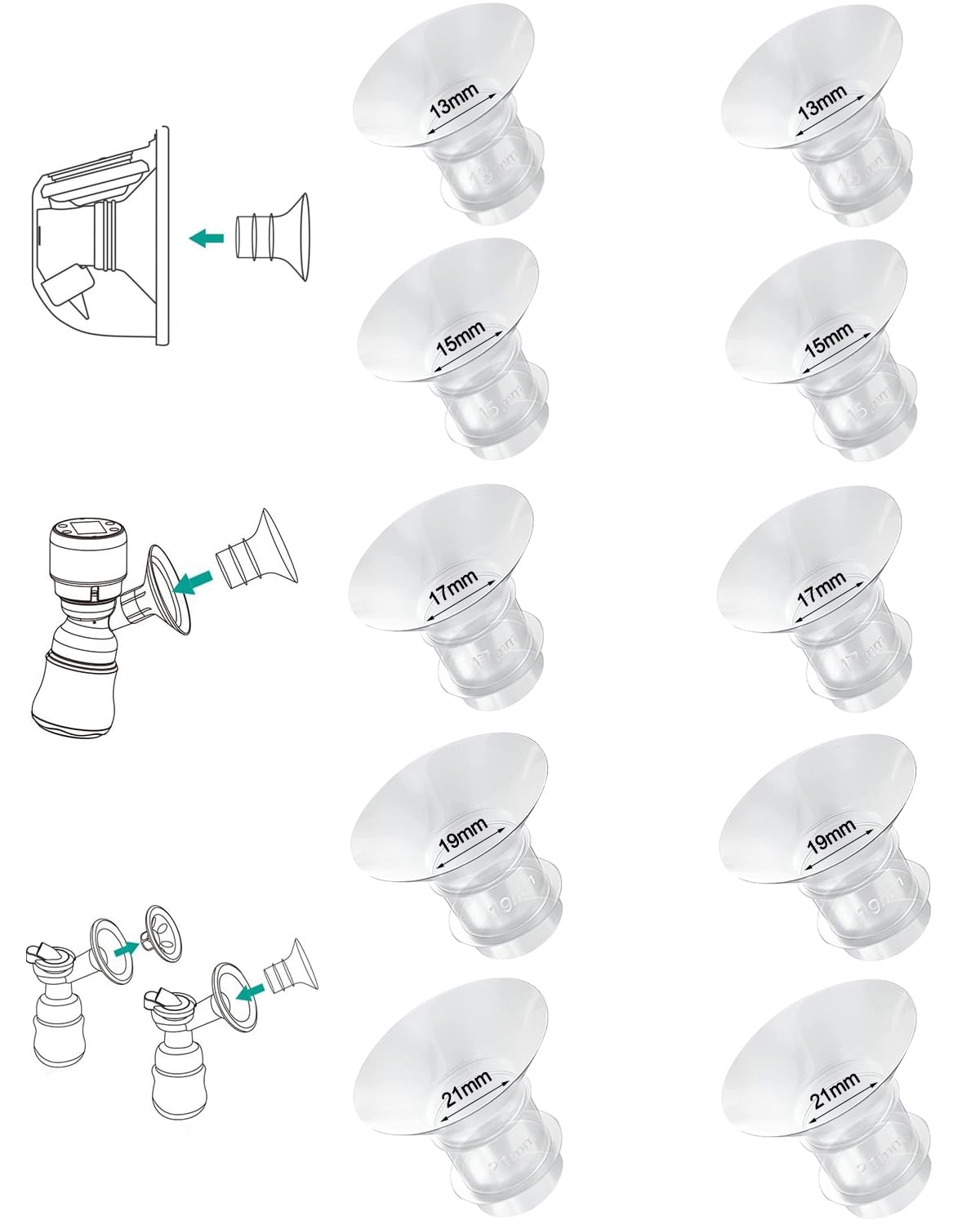 Flange Inserts 13/15/17/19/21mm*2 10PCS,24mm Breast Pump Shields/Flanges Compatible with Momcozy S9/S9pro/S10/S12/S12pro/Spectra/Medela/TSRETE,Reduce 24mm Tunnel Down to Correct Size