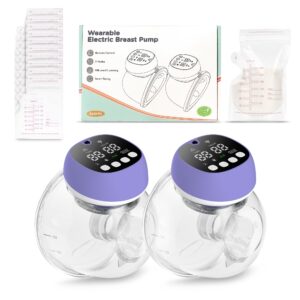 breast pump hands free - wearable electric breast pumps for breastfeeding - portable wireless breast pump with remote type-c-3 modes and 9 levels lcd display with 10 milk storage bag (2 pack(purple))