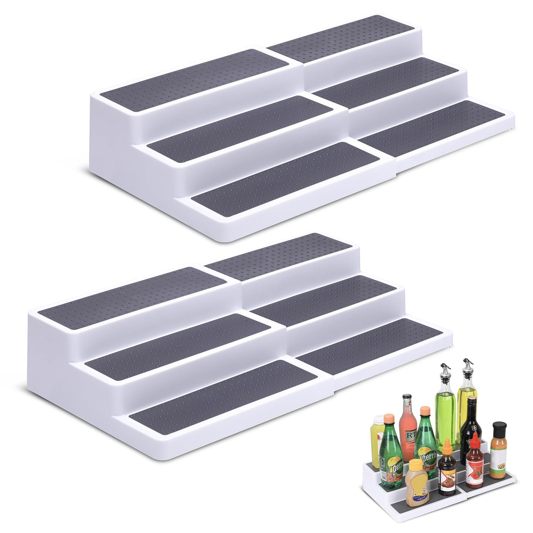 3-Tier Expandable Spice Rack, Plastic Spice Rack Organizer for Cabinet, Adjustable Length, Non-Skid Spice Shelf Organizer for Kitchen Cabinet, Countertop or Pantry, 2 Pack, White/Grey