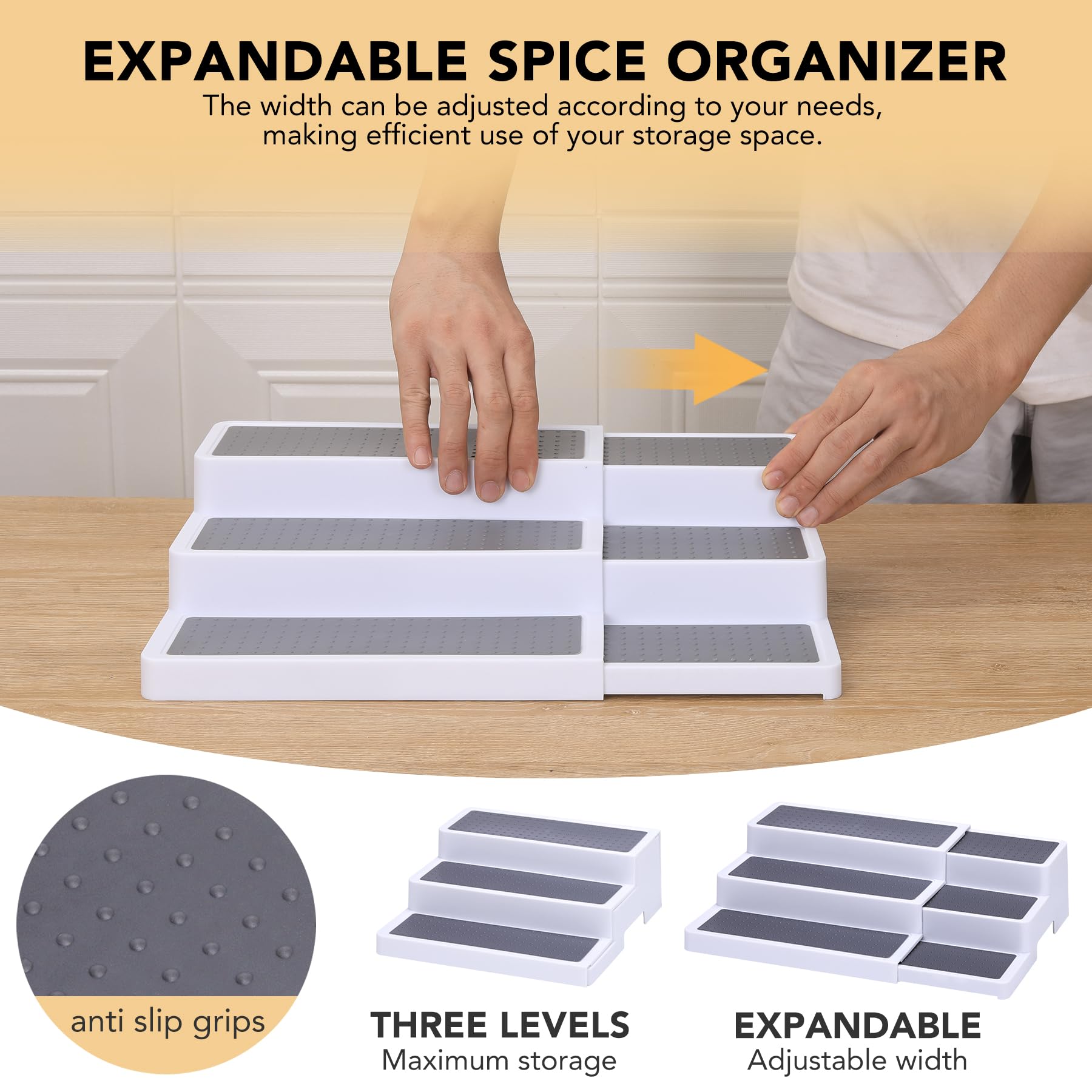 3-Tier Expandable Spice Rack, Plastic Spice Rack Organizer for Cabinet, Adjustable Length, Non-Skid Spice Shelf Organizer for Kitchen Cabinet, Countertop or Pantry, 2 Pack, White/Grey