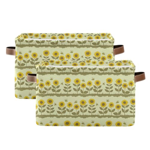 Cute Sunflowers Bees Storage Basket Bins Foldable Decorative Storage Box Laundry Hamper Baskte Storage for Playroom Living Bed Room Office Clothes Nursery,2 pcs