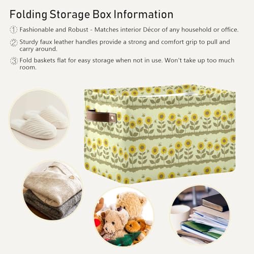 Cute Sunflowers Bees Storage Basket Bins Foldable Decorative Storage Box Laundry Hamper Baskte Storage for Playroom Living Bed Room Office Clothes Nursery,2 pcs