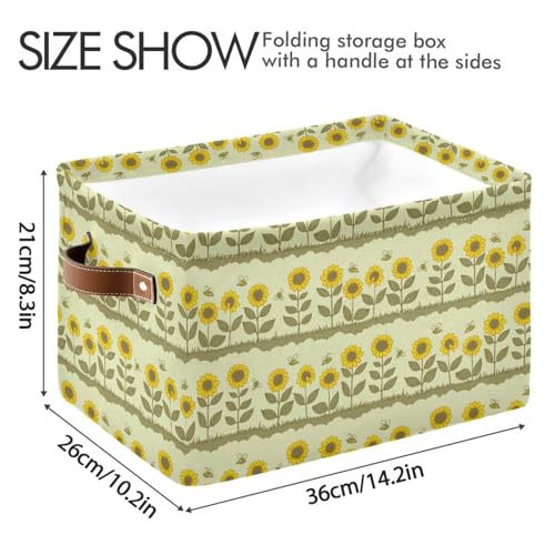 Cute Sunflowers Bees Storage Basket Bins Foldable Decorative Storage Box Laundry Hamper Baskte Storage for Playroom Living Bed Room Office Clothes Nursery,2 pcs