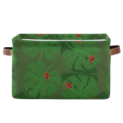 Monstera Leaves Ladybird Storage Basket Bins Decorative Toy Laundry Basket Organization with Handles for Playroom Living Bed Room Office Clothes Nursery,1 pcs