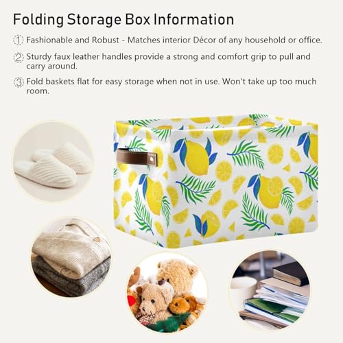 Lemons Leaves Storage Basket Bins Decorative Toy Organizer Bins Laundry Hamper Baskets with Handles for Pet Books Clothes Makeup Nursery Closet Office,2 pcs