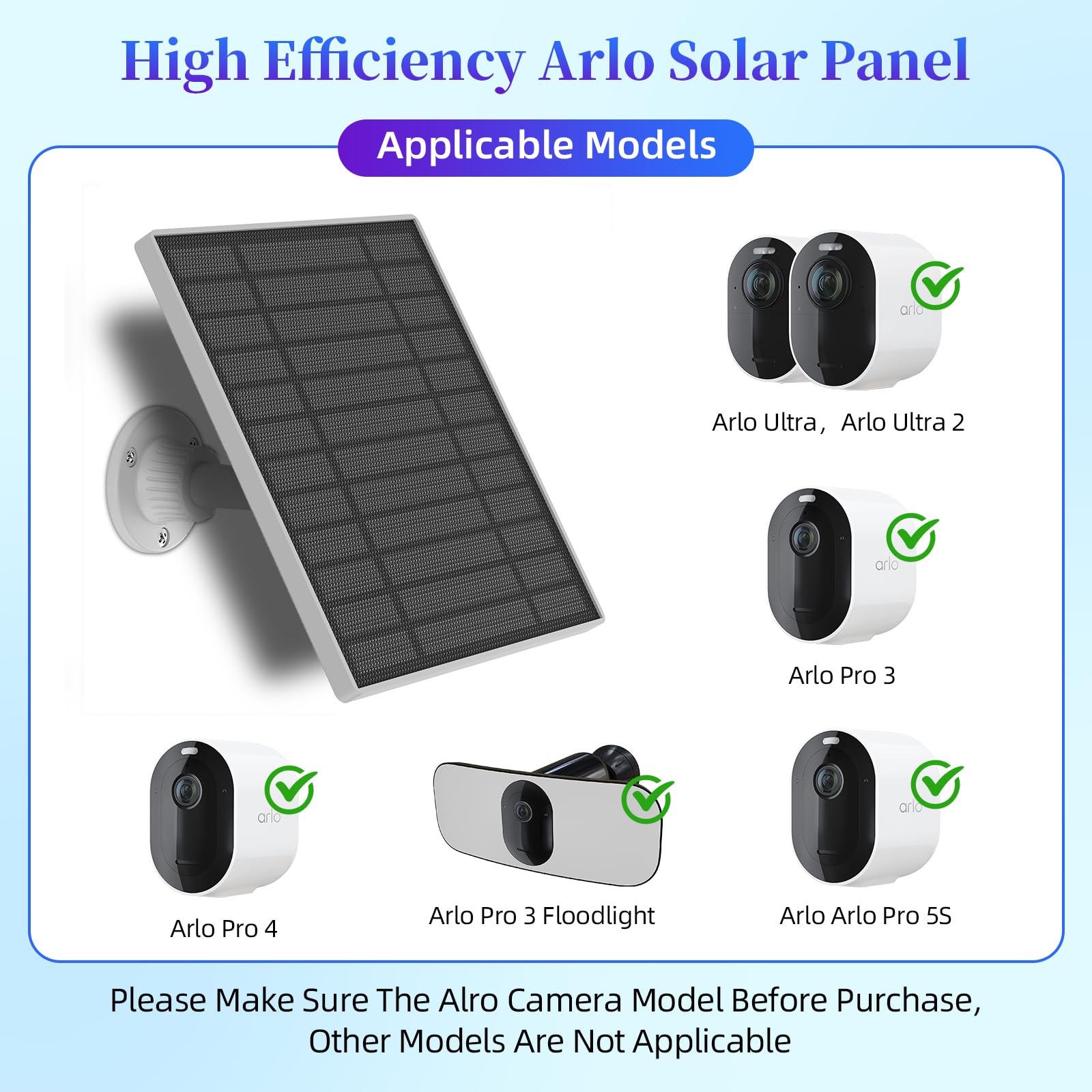 6V 5W Arlo Solar Panel for Arlo Pro 4 Camera/Arlo Pro 3/ Pro 3 Floodlight/Pro 5S/ Arlo Ultra 2 Solar Panel Charger with Arlo Solar Panel Accessories, 360° Adjustment Mount,13.1ft Charging Cord