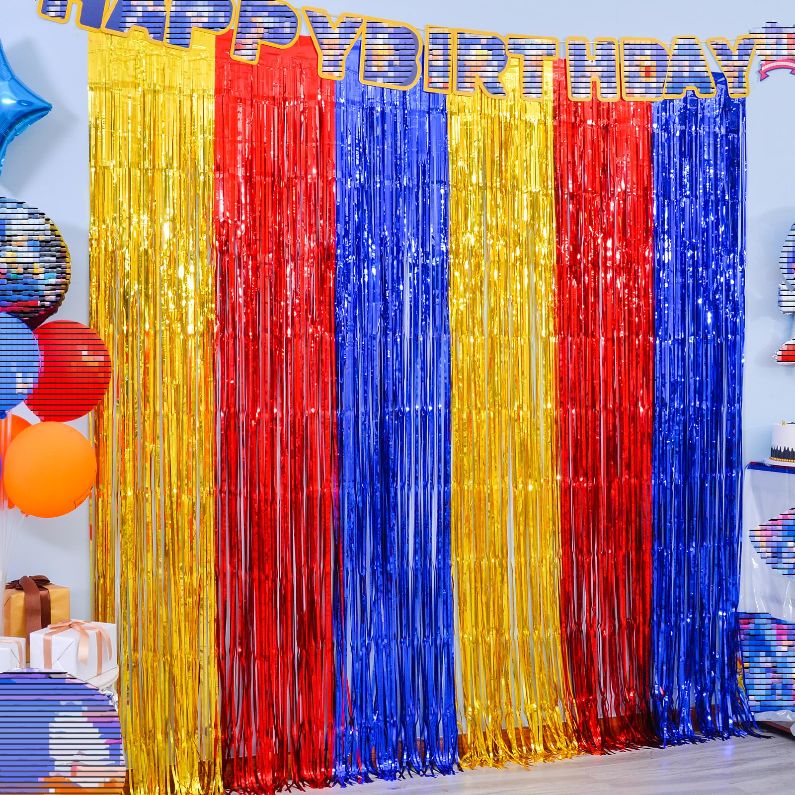 LOLStar Paw Birthday Decorations,2 Pack Gold Red and Blue Birthday Party Supplies 3.3 x 6.6ft Tinsel Foil Fringe Curtains Photo Booth Props Backdrop Streamers, House Doorway Room Decor for Kids