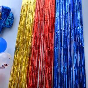 LOLStar Paw Birthday Decorations,2 Pack Gold Red and Blue Birthday Party Supplies 3.3 x 6.6ft Tinsel Foil Fringe Curtains Photo Booth Props Backdrop Streamers, House Doorway Room Decor for Kids