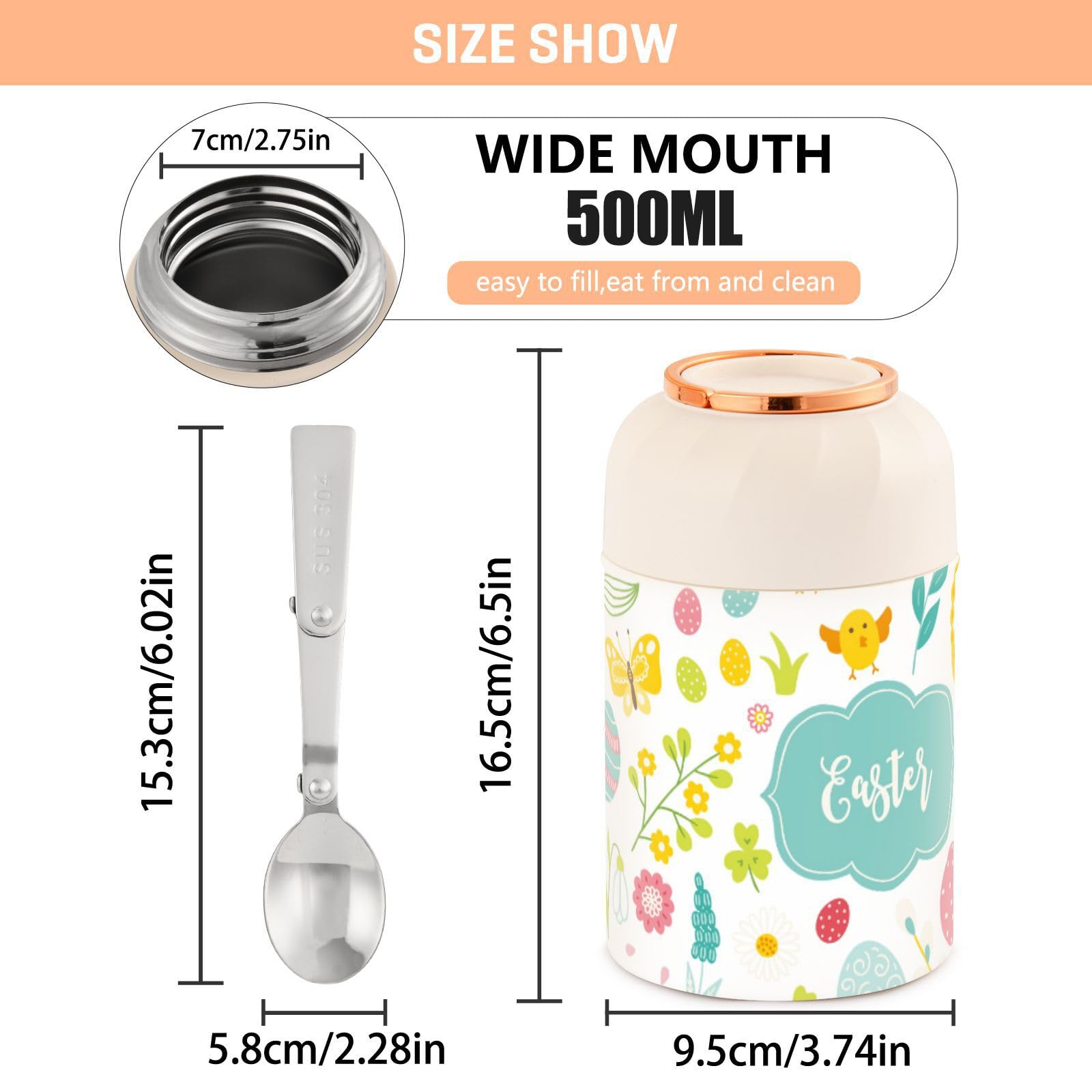 Set Easter Design Elements Eggs Chicken Kids Womens Insulated Food Jar Containers with Spoon 17oz/500ml Lunch Box Containers Stainless Steel Vacuum Keep Warm Lunch Containers for Office Accessories