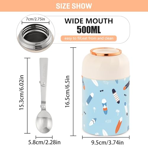 Summer Palm Trees Surfboard Kids Womens Insulated Food Jar Containers with Spoon 17oz/500ml Jar For Hot Food Stainless Steel Vacuum Wide Mouth Thermo Container for Keeps Food Hot