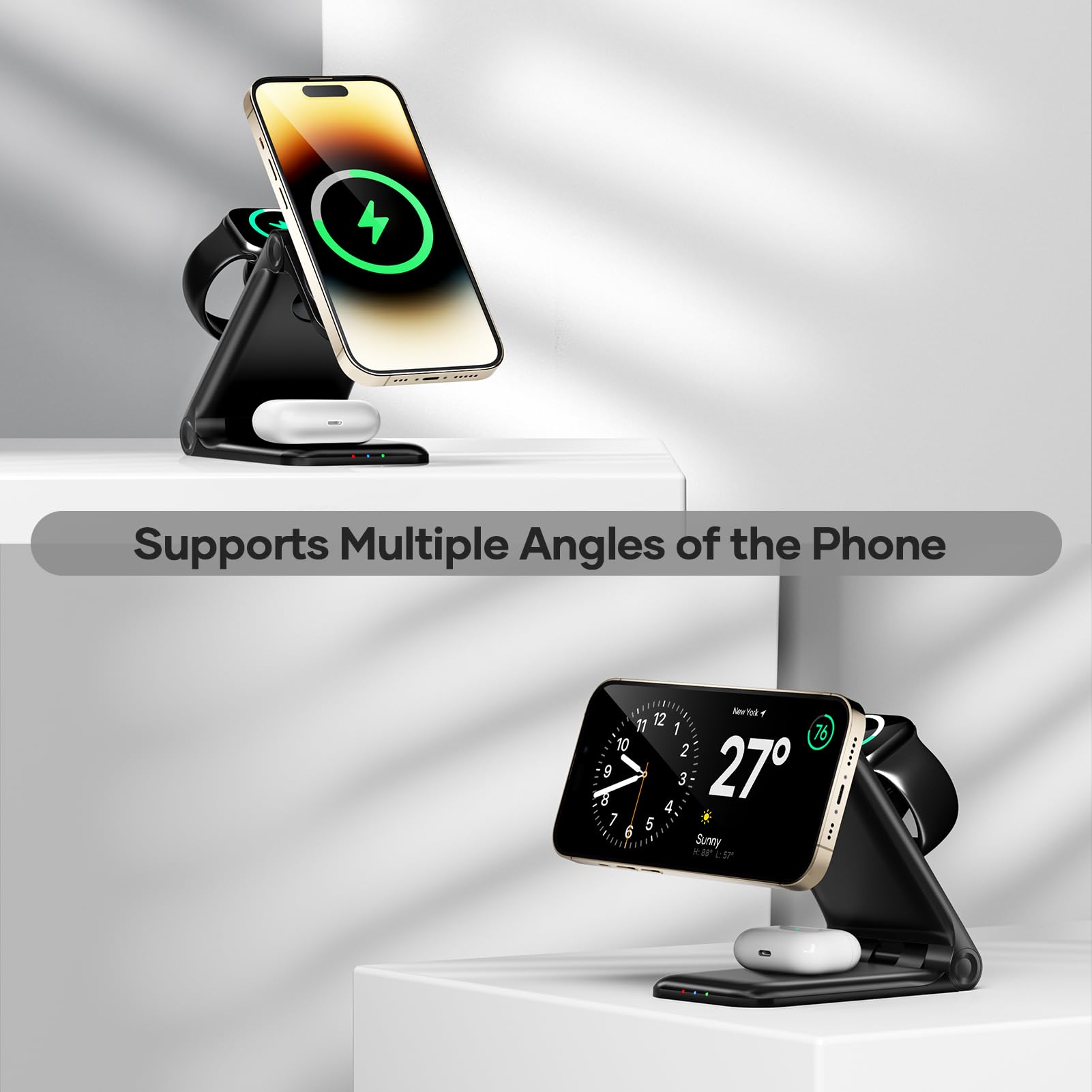 Foldable 3 in 1 Charging Station for Apple Devices - Magnetic Wireless Charging Station - Phone and Watch Charger Stand for iPhone 15/14/13/12/11 Pro Max/XR/ 8 Plus and Airpods iWatch (Mag-Safe)