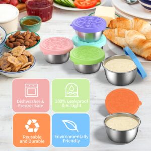 XGXN 6 Pack Salad Dressing Container To Go, 1.7 Oz/50ml Stainless Steel Small Condiment Containers with Lids, Reusable & Leakproof Silicone Sauce Cups for Lunch Box (B/G/P/PK/O/MG)