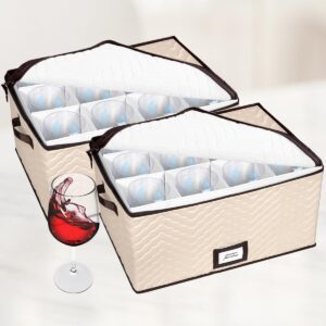 Hold N Storage Set of 2 Wine Glass Storage with dividers - Each Holds 12 standard size wine glasses up to 10" H - Stemware Storage Case, Durable Quilted Glasses Storage Organizer With Carry Handles