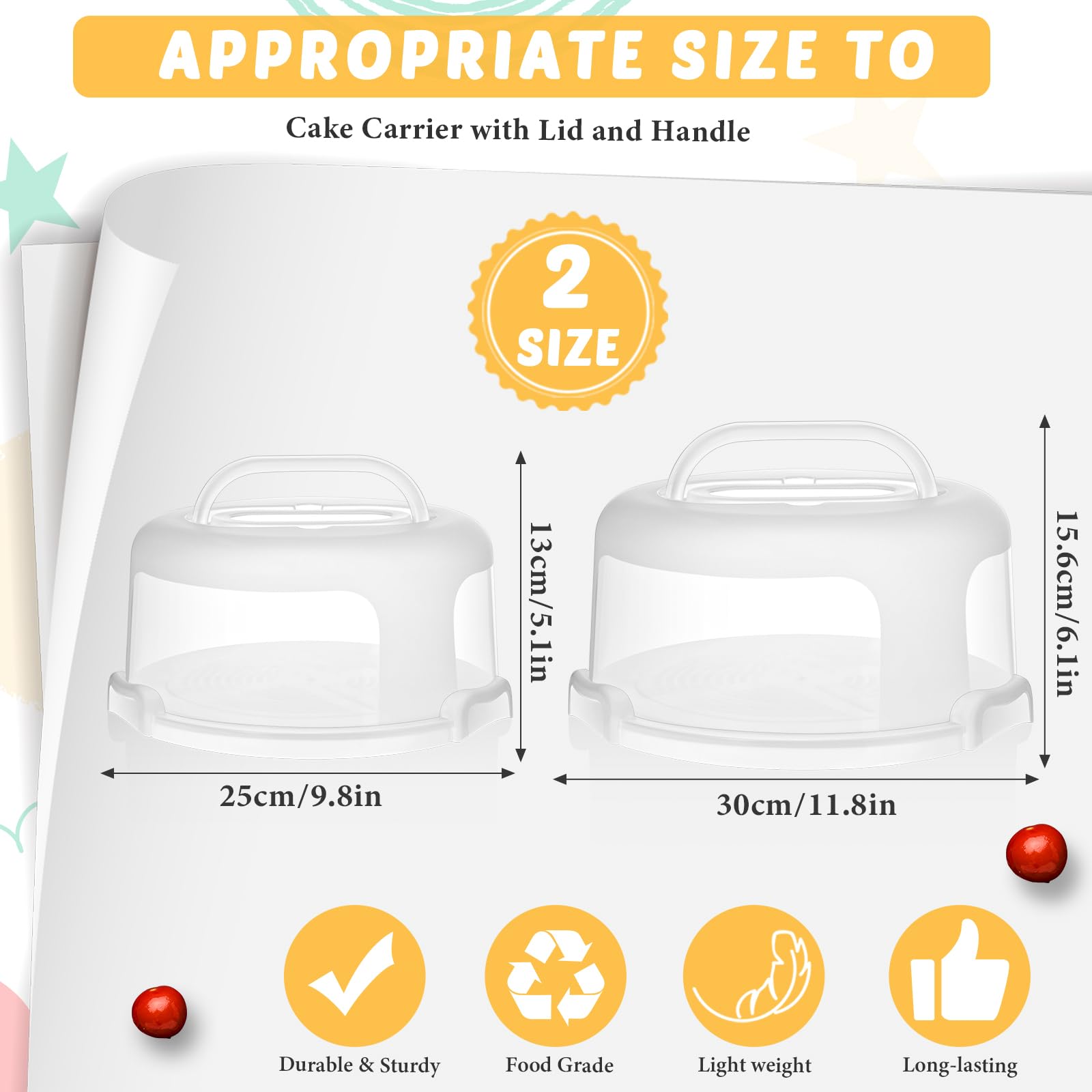 Baderke 2 Pcs 10''/ 8'' Cake Carrier with Lid Cake Holder Plastic Cake Stand with Lid Handle Round Cake Container Portable Cake Saver with Cover Cake Boxes for Cupcake Pie Serving Transport (White)