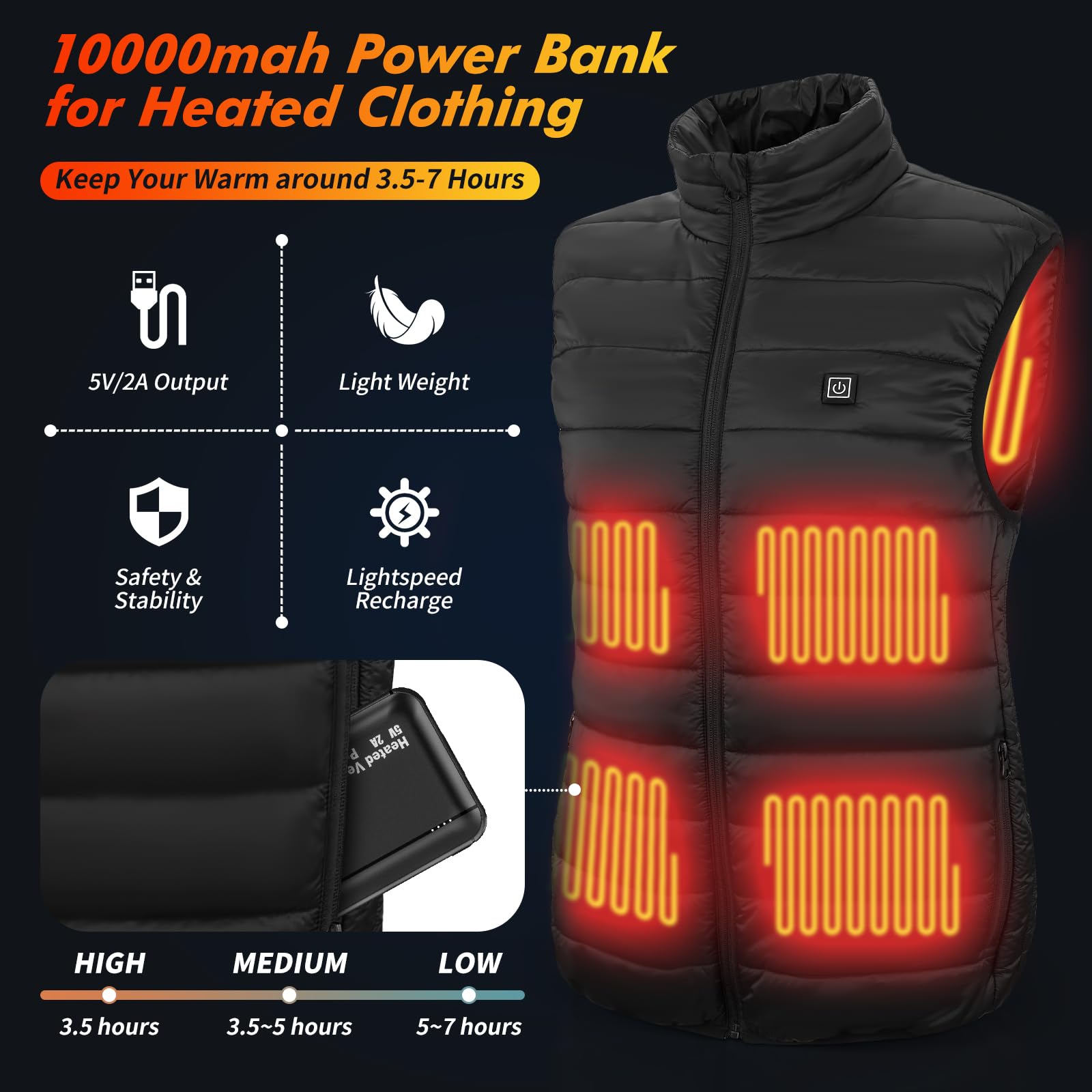 bellaciao 5v 2a Heated Vest Battery Pack 10000mah Power Bank with Dual USB Ports Pokect Size Rechargeable Portable Charger for Heated Vest Heated Jacket Heated Clothing iPhone for Men Women