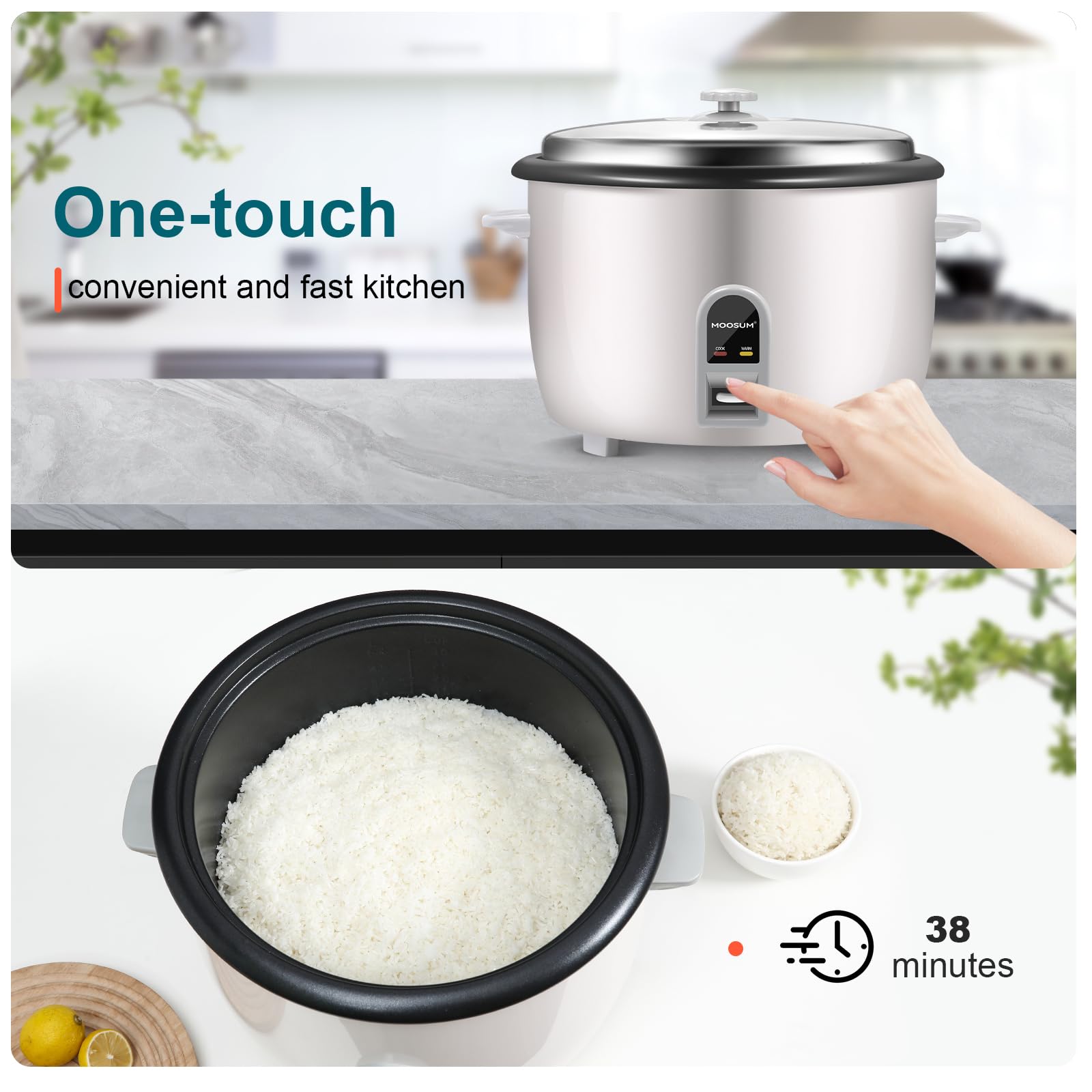 MOOSUM Commercial Rice Cooker, Large Capacity 30-Cup (UnCooked), 60-Cup (Cooked) with One Touch Operation and 12-Hour Keep Warm,Easy to Use and clean,1600W