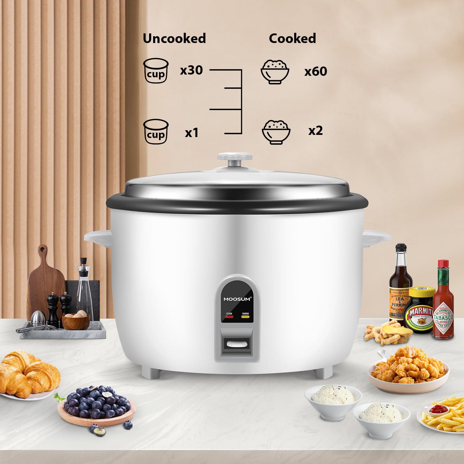 MOOSUM Commercial Rice Cooker, Large Capacity 30-Cup (UnCooked), 60-Cup (Cooked) with One Touch Operation and 12-Hour Keep Warm,Easy to Use and clean,1600W