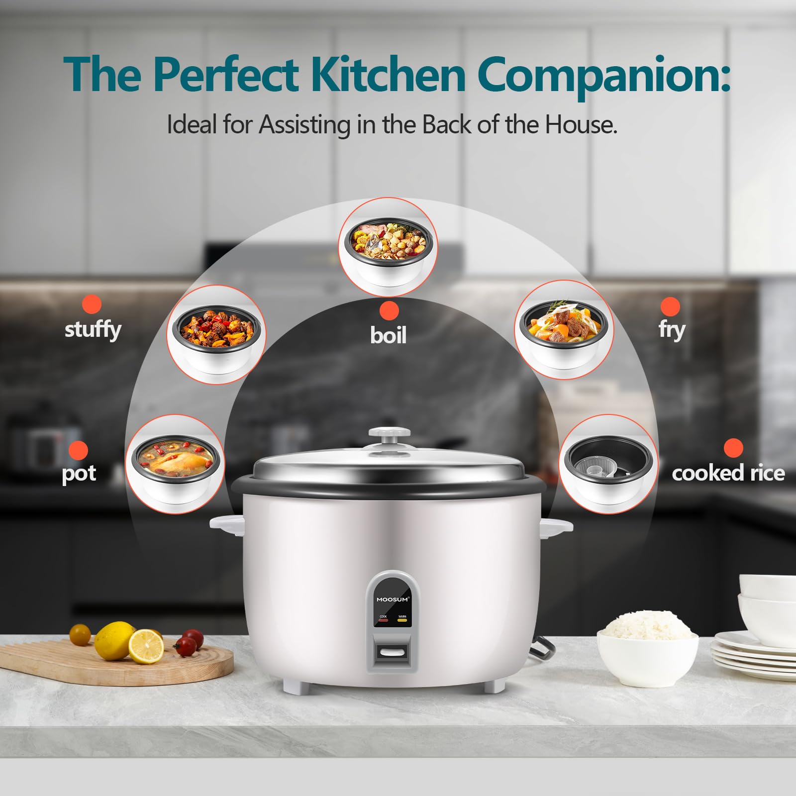 MOOSUM Commercial Rice Cooker, Large Capacity 30-Cup (UnCooked), 60-Cup (Cooked) with One Touch Operation and 12-Hour Keep Warm,Easy to Use and clean,1600W