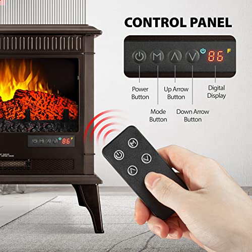 25 inch Electric Fireplace Heater Portable for Indoor, Living Room, Large Room, Logs with Lights, 3D Flame Effects, Adjustable Brightness, Timer, Remote Control,1400W Brown