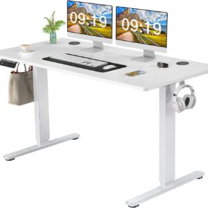 Sweetcrispy Height, 55 x 24 Inchs Electric 3 Memory Presets Adjustable Stand T-Shaped Bracket, Ergonomic Computer Desk for Home Office, White, 23.62"D x 55.12"W x 30"H