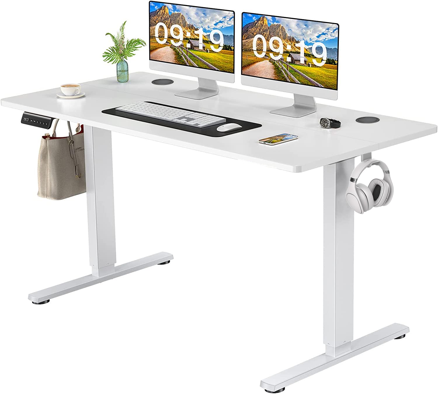 Sweetcrispy Height, 55 x 24 Inchs Electric 3 Memory Presets Adjustable Stand T-Shaped Bracket, Ergonomic Computer Desk for Home Office, White, 23.62"D x 55.12"W x 30"H