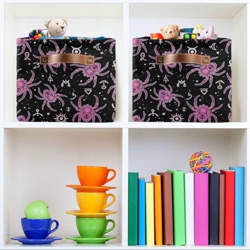 Halloween Spider Pink Storage Basket Bins Foldable Toy Baskets Organization with Handles Laundry Hamper for Office Bedroom Clothes Bedroom Living Room,2 pcs