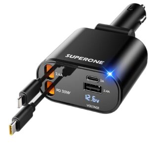 【upgraded】 superone retractable car charger 4 in 1, fast car phone charger with cord 2.6ft, usb c and lightning car charger adapter, compatible with iphone 15/15 pro max/14/13/12/11, galaxy, pixel