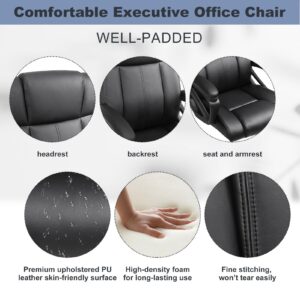 Ermnois Executive Office Chair, Ergonomic Home Office Desk Chair with Wheels, Thicken Armrest and Lumbar Support, Upholstered Leather Mid-Back Computer Gaming Chair with Tilt Function, Black