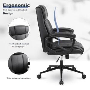 Ermnois Executive Office Chair, Ergonomic Home Office Desk Chair with Wheels, Thicken Armrest and Lumbar Support, Upholstered Leather Mid-Back Computer Gaming Chair with Tilt Function, Black